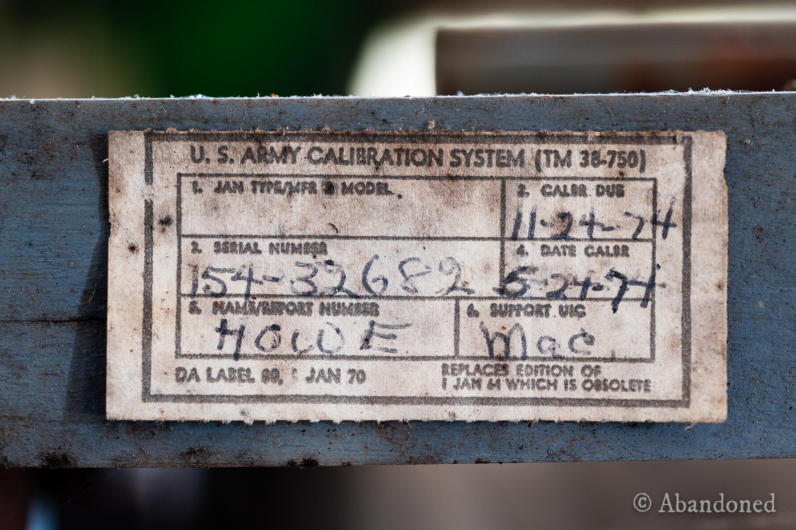 U.S. Army Calibration System Label – Mar. 2010 - Abandoned